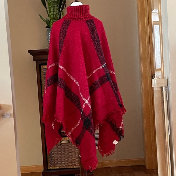 Sweaters | Red Turtleneck Plaid Poncho | Poshmark